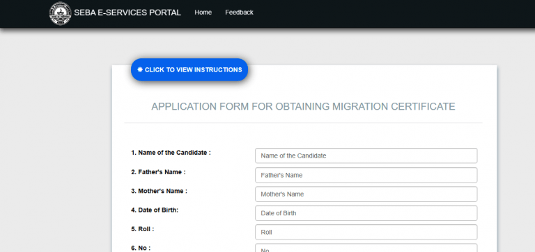 SEBA Migration Form, SEBA HSCL Migration Certificate Application Form 2025 at sebaservices.in